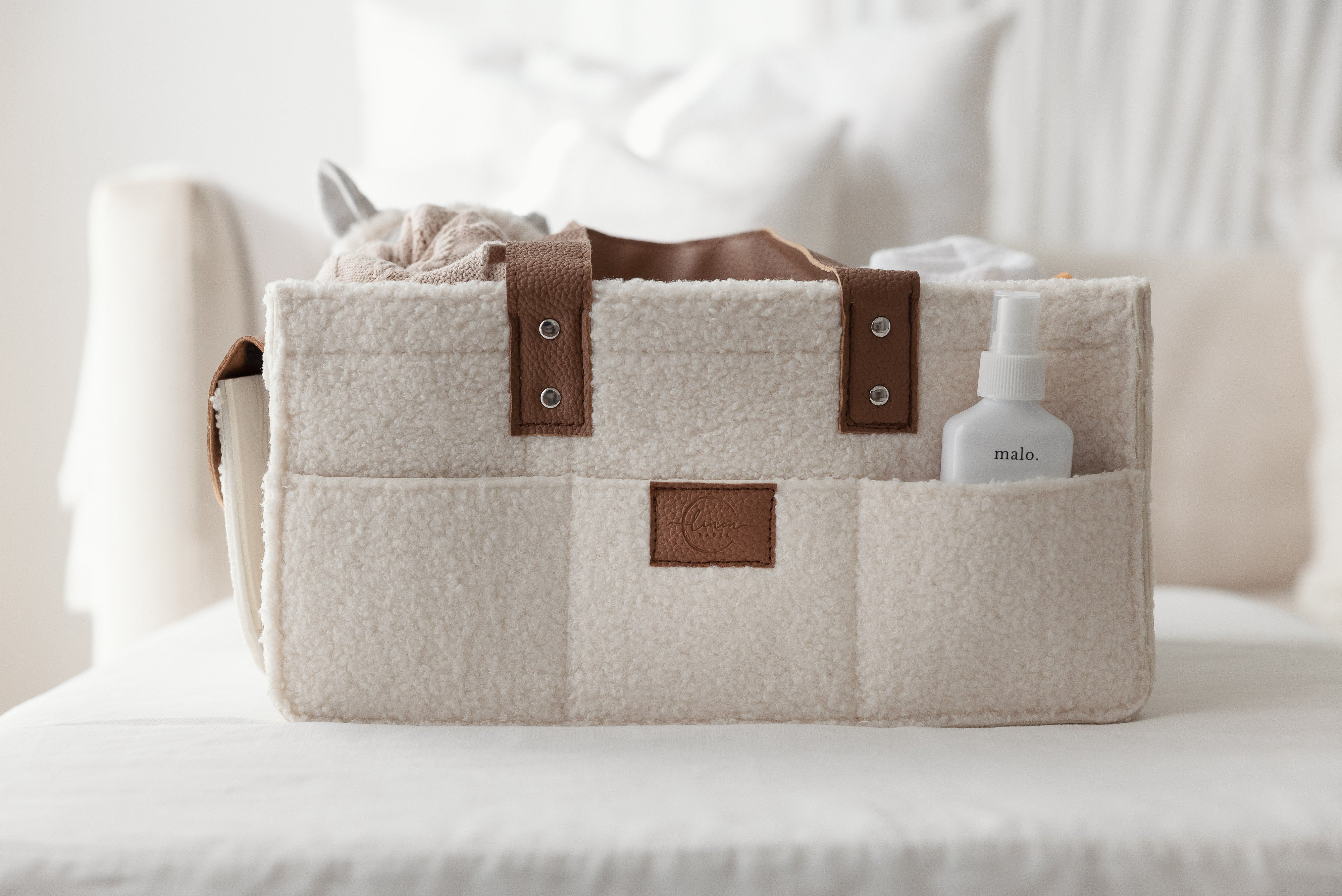 Nappy Caddy- Snow Tan- Large Side Pocket – Linen Label